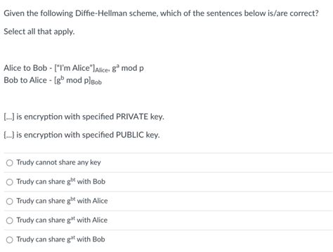 Solved Given The Following Diffie Hellman Scheme Which Of