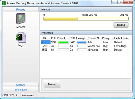 abexo memory defragmenter and process tweak main window abexo abexo