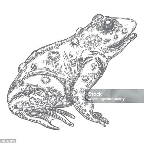 회색 숲 개구리 라인 그림입니다 마법 Anuran 또는 독 두 꺼 비 손 그림 요술 부두 마법 속성 할로윈에 대 한 그림입니다 벡터 개구리에 대한 스톡 벡터 아트 및 기타