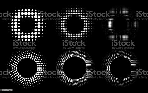 하프톤 원형 점선 프레임 세트 흰색 배경에 격리된 원 점입니다 의료 치료 화장품에 대한 로고 디자인 요소 하프 톤 원 점 텍스처를 사용 하 여 둥근 테두리 벡터 반지에 대한