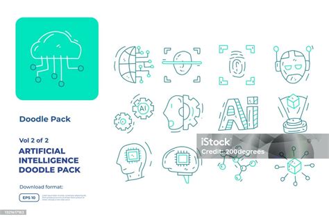 엔지니어링 개발 브레인스토밍을 위한 회로 기판 데이터와 브레인 칩이 있는 인공 지능 Ai 개념 손으로 그린 낙서 아이콘 세트 벡터 개요 스타일 벡터 일러스트레이션 Cpu에