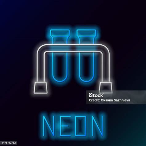 빛나는 네온 라인 테스트 튜브와 검은 배경에 고립 된 플라스크 화학 실험실 테스트 아이콘 실험실 유리 제품 기호 다채로운 개요 개념 벡터 0명에 대한 스톡 벡터 아트 및