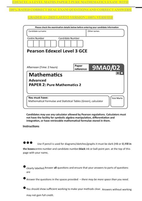 Edexcel A Level Maths Paper 2 Pure Mathematics Exam With 100 Rated Correct Real Exam Questions