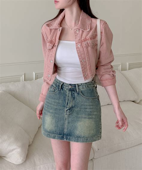 클래식블랑 스콧 봄 가을 벚꽃룩 빈티지 데미지 카라넥 워싱 크롭 데님 자켓 면자켓