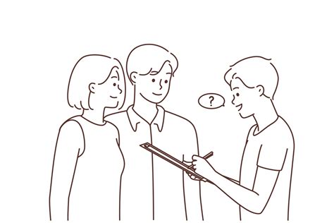 Young Man Asking Question To Couple Outdoors Smiling Male Interviewer