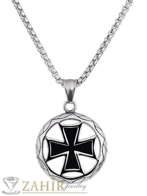 Масивен малтийски кръст медальон 4 5 см диаметър висок клас стомана на класическа верижка в 3