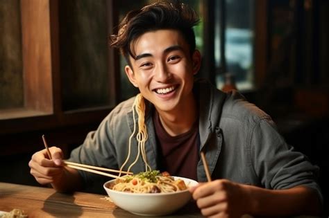 Premium Photo Photo Portrait Of Happy Young Asian Man Enjoys Noodles