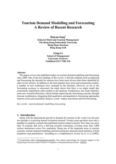 Pdf Tourism Demand Modelling And Forecasting