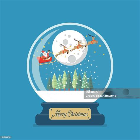 달에 대 한 산타 썰매와 함께 메리 크리스마스 유리 공 벡터 일러스트 레이 션 크리스마스에 대한 스톡 벡터 아트 및 기타 이미지 크리스마스 눈뭉치 스노우 글러브