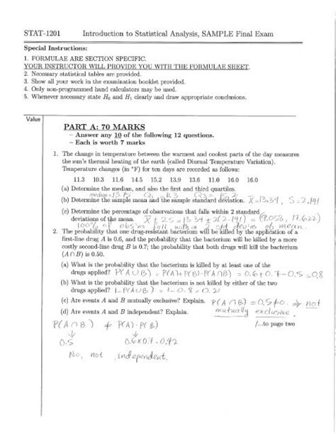 Stat—1201 Introduction To Statistical Analysis Sample Final Exam