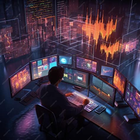 Premium Ai Image Arafed View Of A Man Sitting At A Desk With Multiple Monitors Generative Ai