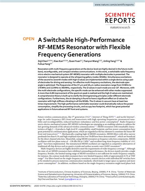 PDF A Switchable High Performance RF MEMS Resonator With Flexible Frequency Generations