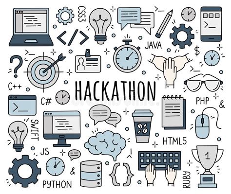 Hackathon And Codefest Set Of Doodle Style Icons Stock Illustration Illustration Of Tech