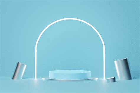 거친 배경에 빛나는 네온 빛이있는 파란색 실린더 연단 제품 또는 화장품 디스플레이 프로모션 받침대 모형 3d 렌더링 3차원 형태에 대한 스톡 사진 및 기타 이미지 Istock