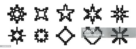 픽셀화된 별과 꽃 요소 세트입니다 블랙 8비트 픽셀 아트 컬렉션 레트로 바이너리 스파클 샤인 버스트 반짝이 기하학적 형태 팩 Y2k 스타일 픽셀 아이콘 번들 벡터 일러스트