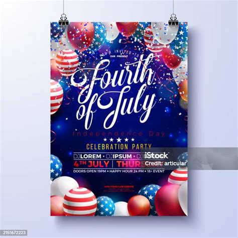 미국 독립 기념일 파티 전단지 일러스트 와 함께 미국 국기 패턴 풍선과 떨어지는 색종이 밤 파란색 배경 벡터 7 월 4 일 축하 배너 인사말 카드 초대장 또는 휴일 포스터에