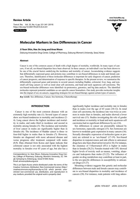 Pdf Molecular Markers In Sex Differences In Cancer