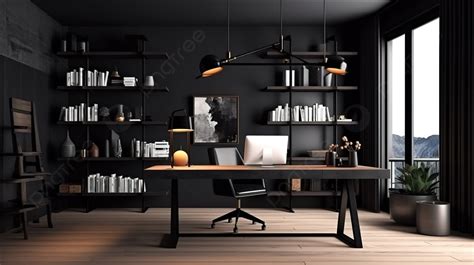 세련되고 어두운 목재 책상에 3d 모형 컴퓨터를 갖춘 세련되고 현대적인 홈 오피스 디자인 컴퓨터 책상 사무 기기 집 책상 배경 일러스트 및 사진 무료 다운로드