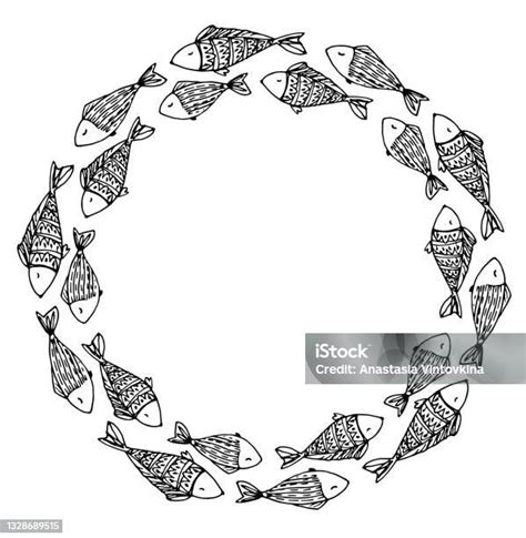 물고기의 벡터 원형 도면입니다 텍스트 내부의 빈 공간 레이블 디자인 템플릿 사이니지의 요소와 함께 원형에 떠있는 물결 모양선의 패턴이있는 벡터 낙서 물고기 템플릿 물고기에