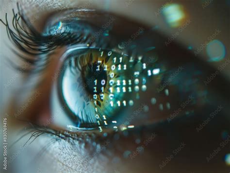 Person S Eyes With Reflection Of Binary Code It Symbolizes The Integration Of Technology With