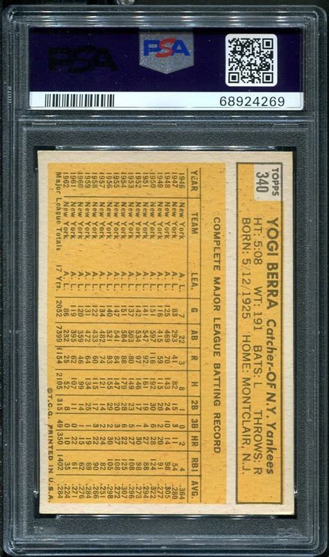 1963 Topps 340 Yogi Berra Psa 5 Hof 68924269 All Star Cards Inc