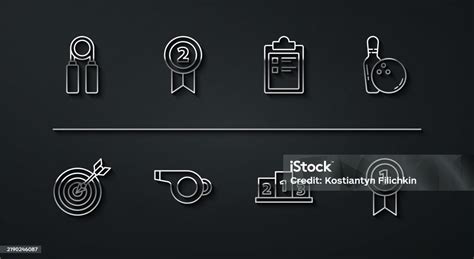세트 라인 스포츠 확장기 화살표가 있는 목표 볼링 핀 볼 스포츠 우승자 연단에 대한 상 휘파람 메달 및 훈련 프로그램 아이콘 벡터 1위에 대한 스톡 벡터 아트 및 기타