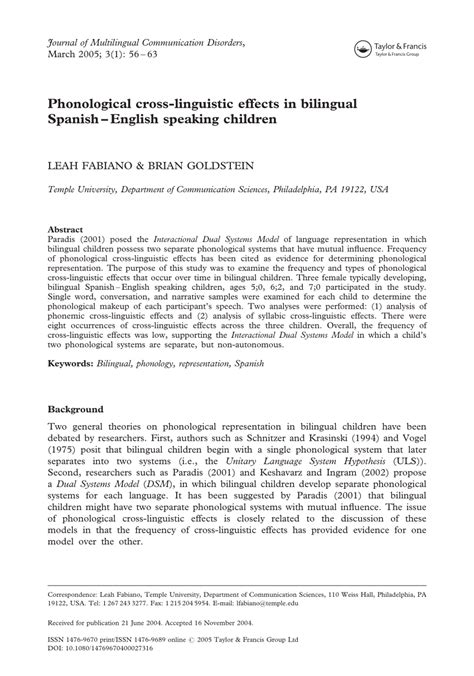 Pdf Phonological Cross Linguistic Effects In Bilingual Spanish