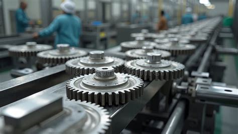 Precision Metal Gears In Motion On Automated Assembly Line In Clean