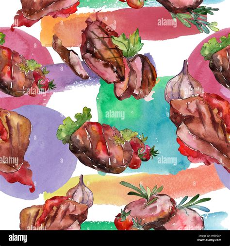 Grilled Steak Tasty Food Watercolor Background Illustration Set