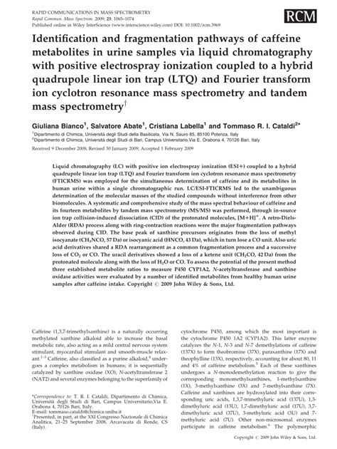 Pdf Identification And Fragmentation Pathways Of Caffeine Metabolites In Urine Samples Via