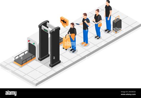 queue isometric concept people standing in line in front of the metal