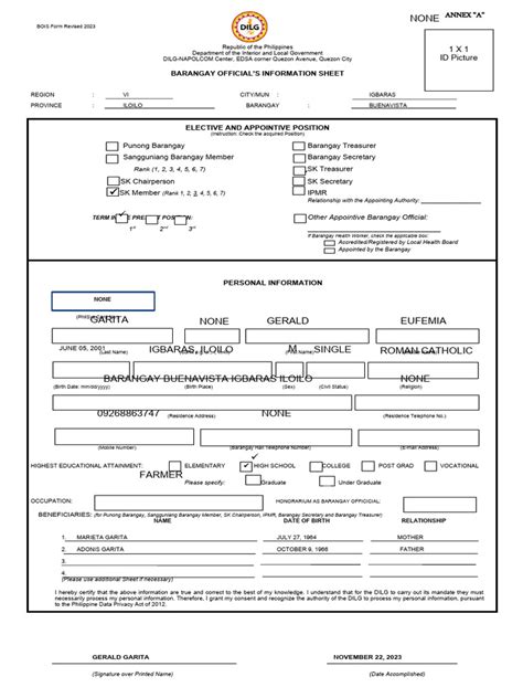 Revised Annex A Bois Form Revised 2023 Pdf Government