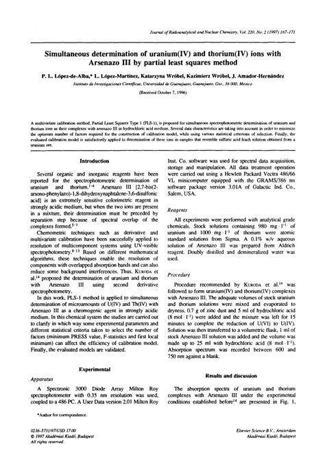 Pdf Simultaneous Determination Of Uraniumiv And Thoriumiv Ions With Arsenazo Iii By