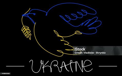 검은 배경에 파란색 노란색 선이있는 평화 비둘기 우크라이나 전쟁의 종말에 대한 스톡 벡터 일러스트레이션 부리에 밀을 들고있는 새 식량 위기와 수출 해결의 개념 전쟁에 대한
