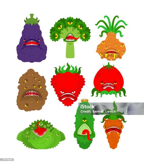 야채 몬스터 세트입니다 야채 Gmo 돌연변이 유전자 변형 토마토와 양배추 피망과 가지 감자 양파 브로콜리 오이와 당근 벡터 일러스트레이션 Dna에 대한 스톡 벡터 아트 및