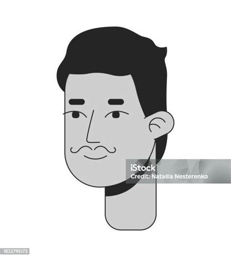 얇은 핸들 바 콧수염 흑백 2d 라인 만화 캐릭터 머리를 가진 남아시아 남자 2차 도형에 대한 스톡 벡터 아트 및 기타 이미지