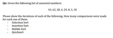 Solved Q Given The Following List Of Unsorted Numbers Chegg