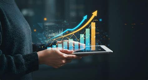 Hands Holding Tablet Displaying Upward Trending Graph Dynamic Growth Visualization Stock Image