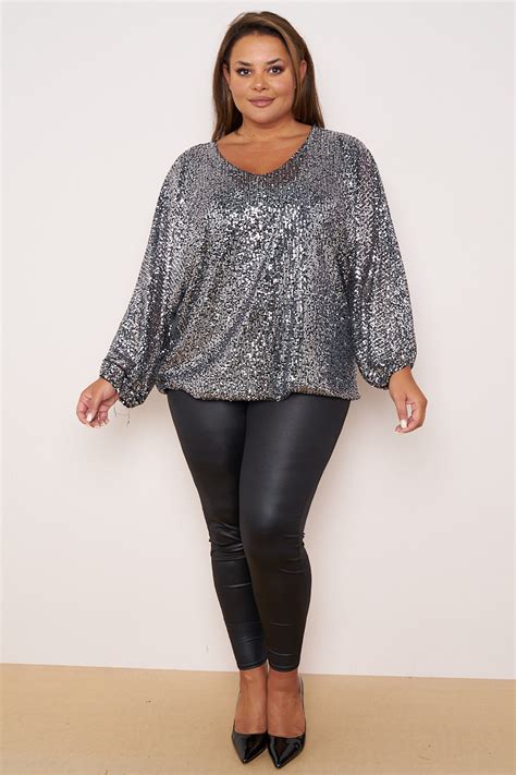 Plus Size Silver Sequin Long Sleeve Top Praslin Clothing
