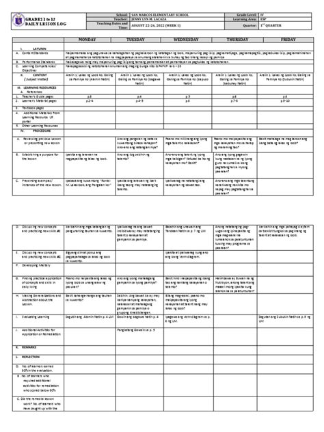 Daily Lesson Log Esp Pdf