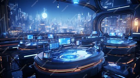 Premium Ai Image Futuristic Computer Lab With Bright Blue Lighting