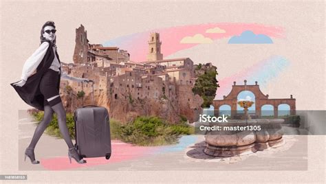 세련되고 우아한 여성 유럽 도시로 여행하는 세련된 옷을 입은 여성 빈티지 도시 전망과 랜드마크 현대 미술 콜라주 1960 1969 년에 대한 스톡 사진 및 기타 이미지