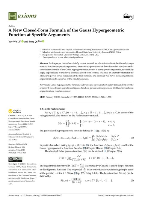Pdf A New Closed Form Formula Of The Gauss Hypergeometric Function At