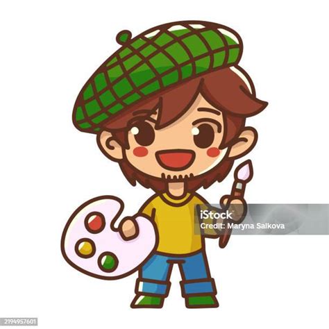 베레모를 쓴 채 팔레트와 붓을 들고 웃는 젊은 예술가 회화와 예술적 탐험의 기쁨과 창의성을 포착한 매력적인 일러스트레이션 개념에 대한 스톡 벡터 아트 및 기타 이미지