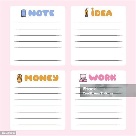 플래너 메모장 온라인 일기 에 대한 귀여운 스크랩북 템플릿 메모를 작성하는 데 사용할 수 있습니다 아이디어 작업 및 가정 계획 예산을 추적 인쇄 가능한 벡터 개성 개념에