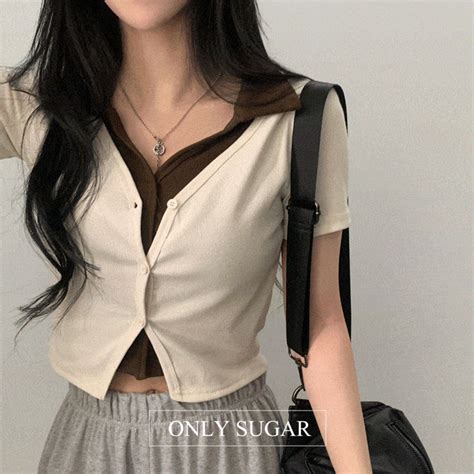 단독진행일체형~ 독보적인 디테일 이중 레이어드 크롭 카라 반팔가디건 티셔츠 4color