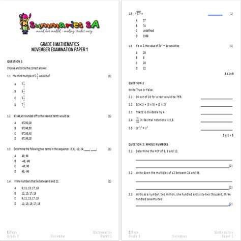 Grade 8 Mathematics Math November Paper 1 And Memo 2023 Classroom101