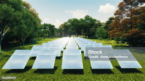 아름다운 녹색 잔디밭에 스테이션 태양 전지 패널 전기의 생성을 위해 3d 렌더링 나무에 대한 스톡 사진 및 기타 이미지 나무 태양 하늘 태양전지판 Istock