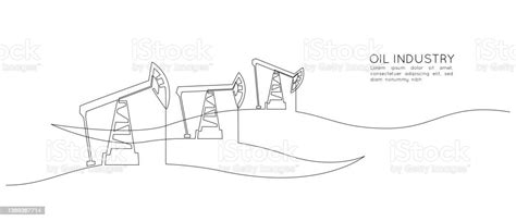 오일의 연속 라인 드로잉은 구릉 풍경 중 잭을 펌프합니다 간단한 선형 스타일로 펌프 스테이션 과 데릭 석유 생산 및 무역 산업 낙서 벡터 일러스트레이션 석유에 대한 스톡