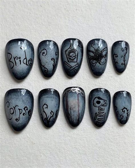 Gothic Corpse Bride Press On Nails Dark Blue Halloween Nail Art With Skull And Skeleton Design